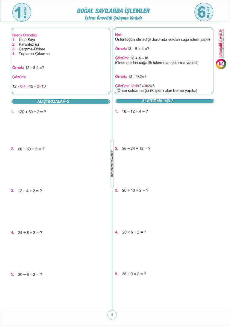 6.Sınıf İşlem Önceliği Çalışma Kağıdı İndir - matematikci.web.tr